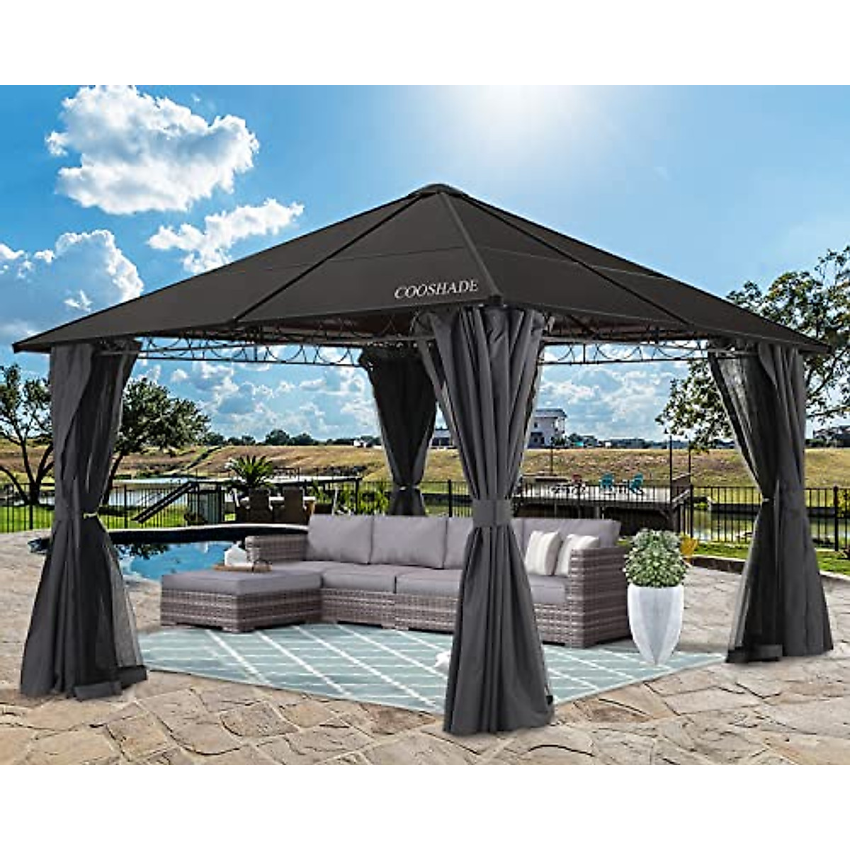 COOSHADE 10×12 Polycarbonate Roof Patio Gazebos Waterproof Outdoor Gazebo with Curtains and Mosquito Netting (Dark Grey)
