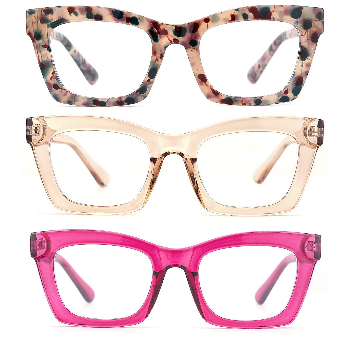 bullabulling 3 pack Oprah style Spring hinge Readers Blue Light Blocking Computer Square Reading Glasses for Women Men (flowers/tea/rose,250)