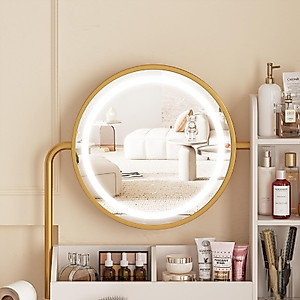 Fameill Makeup Vanity Desk with Lights and Round Mirror, White and Gold Vanity Makeup Table, Small Vanity Set Make Up Vanity with Lots Storage, 3 Lighting Modes, 31.5in(W)… (Modern)