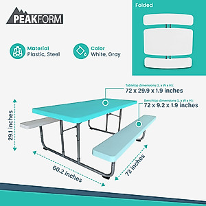 Peakform 6 Foot Rectangular Picnic Table, Multipurpose Indoor Outdoor Furniture with Double Bench Wood Grain Seating, White/Black
