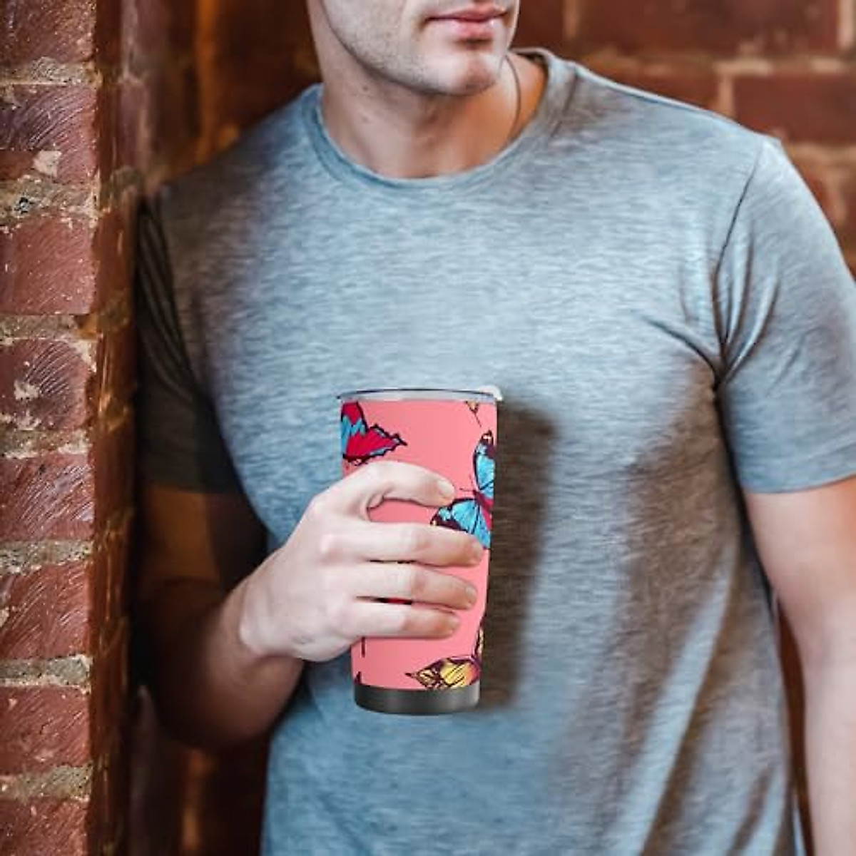 QWEUIOP 20oz Insulated Travel Coffee Mug Retro Butterfly Stainless Steel Tumbler with Lid Double Wall Vacuum Coffee Cup For Hot and Cold Drinks14055