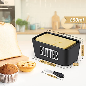 Ceramic Butter Dish with Lid and Knife, Airtight Black Butter Container, Butter Holder for Butter Storage, Butter Keeper for Countertop, Perfect for West or East Coast Butter