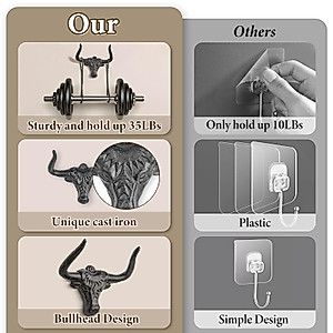 HYDERMUS Cast Iron Hooks Wall Mount 2 Pack Outdoor Western Decorative Wall Hooks Heavy Duty Towel Hooks for Bathroom Entryway Closet Cow Bull Animal Hooks Wall Decor, Antique Rust