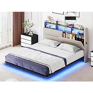 YITAHOME Queen Size Floating Bed Frame, Upholstered Platform Bed with Hidden Storage Headboard, RGB Bed Frame with USB-C/A Charging Station, No Box Spring Needed, Beige