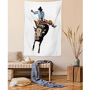 Ambesonne Rodeo Tapestry Twin Size, Yea Haw Cowboy Bucking Bull Western Sports American Graphic, Wall Hanging Bedspread Bed Cover Wall Decor, Twin Size, Rust Beige