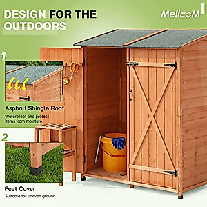 MELLCOM 63“ Wood Storage Shed, Outdoor Garden Shed with Wood Stool and Double Lockable Doors, Weather Resistant Tool Shed Organizer for Patio, Garden, Backyard, Lawn