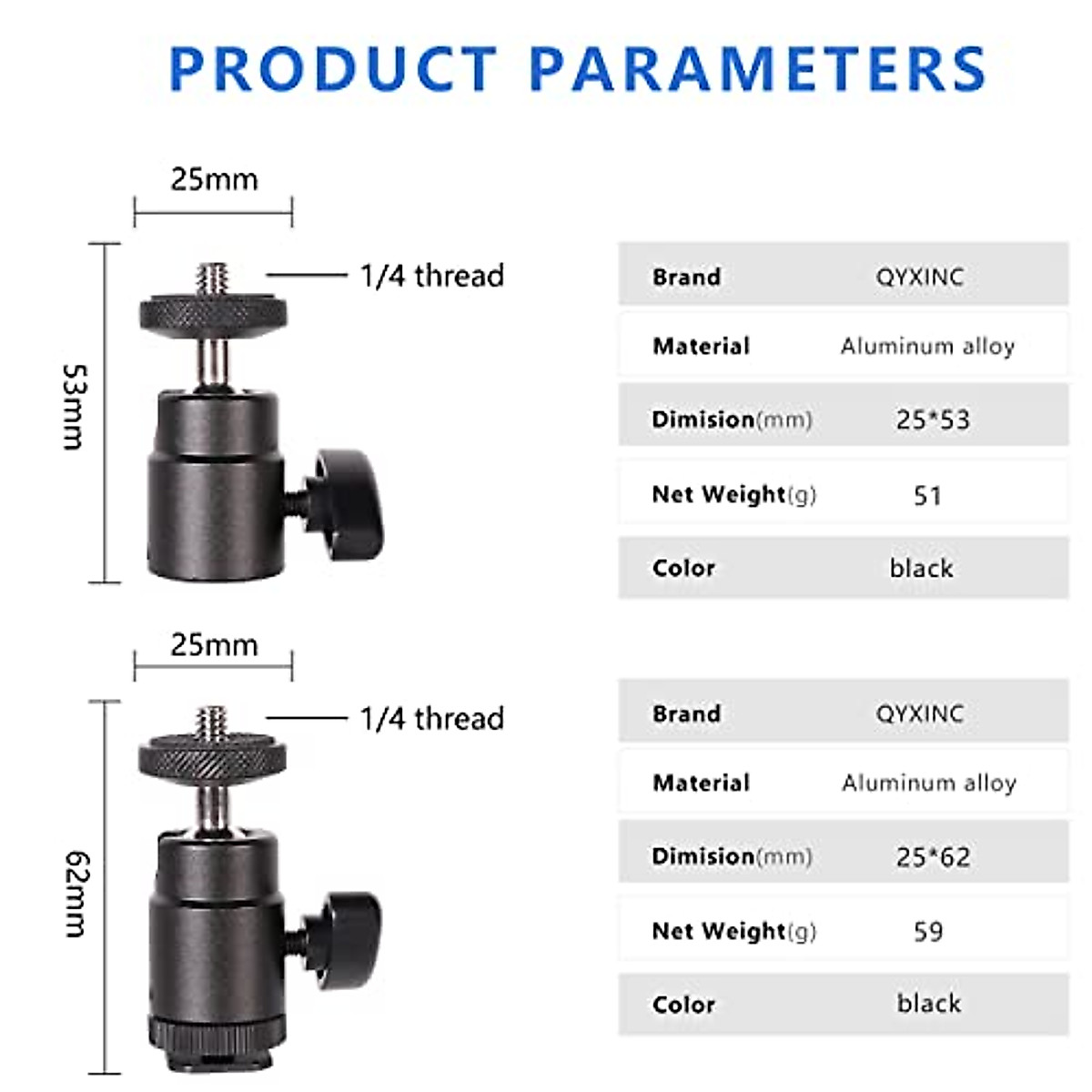 QYXINC Mini Ball Head Hot Shoe Mount with 1/4 inch Adapter Screw for DSLR Camera, Monitor, Camcorder, Flash Light, Tripod, Light Stand (4 Pack)