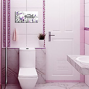 Creoate Just Breathe Bedroom Wall Art, Purple Lavender Picture with Inspirational Quotes Canvas Print Artwork for Home Decoration