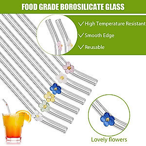 Reusable Glass Straw Shatter Resistant, Clear Glass Straws with Flowers, Cute Glass Straws for Smoothies and Normal Liquid Drinks, 6 Bent Straw with 2 Cleaner Brush