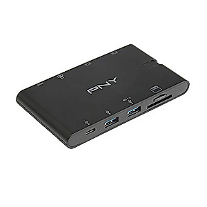 PNY 9 in 1 Mini Portable USB-C Power Hub with Integrated USB-C Cable for USB-C Compatible Devices with 2xUSB-C Ports, 2xUSB-A 3.1 Ports, 1xHDMI Port, 1xVGA Port, SD/microSD Slots, PNY Mini USB-C Hub