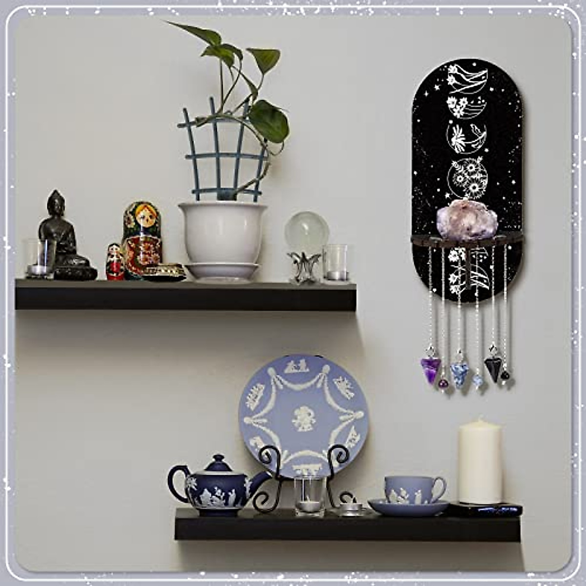 Queekay 3 Pieces Small Crystal Shelf Display Black Butterfly Crystal Shelf Magical Boho Hand Moon and Stars Shelf Witch Stuff Wooden Moon Phases Crystal Holder Stand with 3 Pieces Crystals Stone