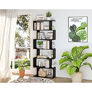 Yusong Bookshelf 6-Tier, Geometric Bookcase S Shaped Book Shelves for Bedroom, Modern Wood Decorative Display Shelf Tall Book Case for Home Office, Black