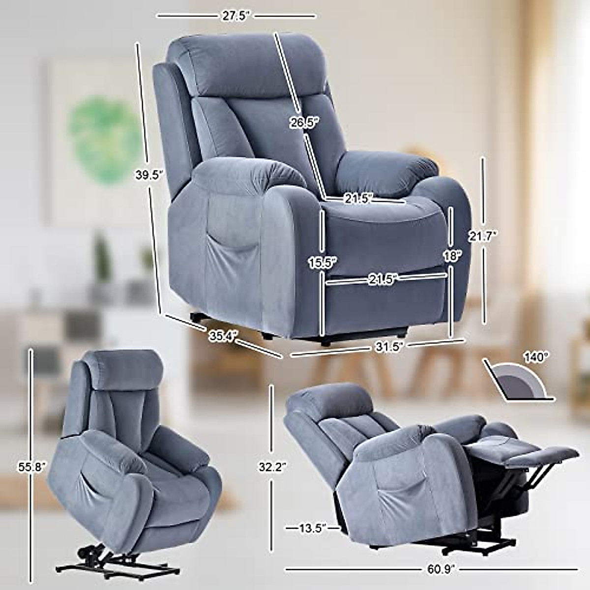 DAZONE Power Recliner Chair, Lift Chair Recliners for Elderly Modern Power Lift Chair Overstuffed Electric Recliner Chair Theater Reclining Chair Lazyboy Recliner Chair for Living Room Bedroom Grey