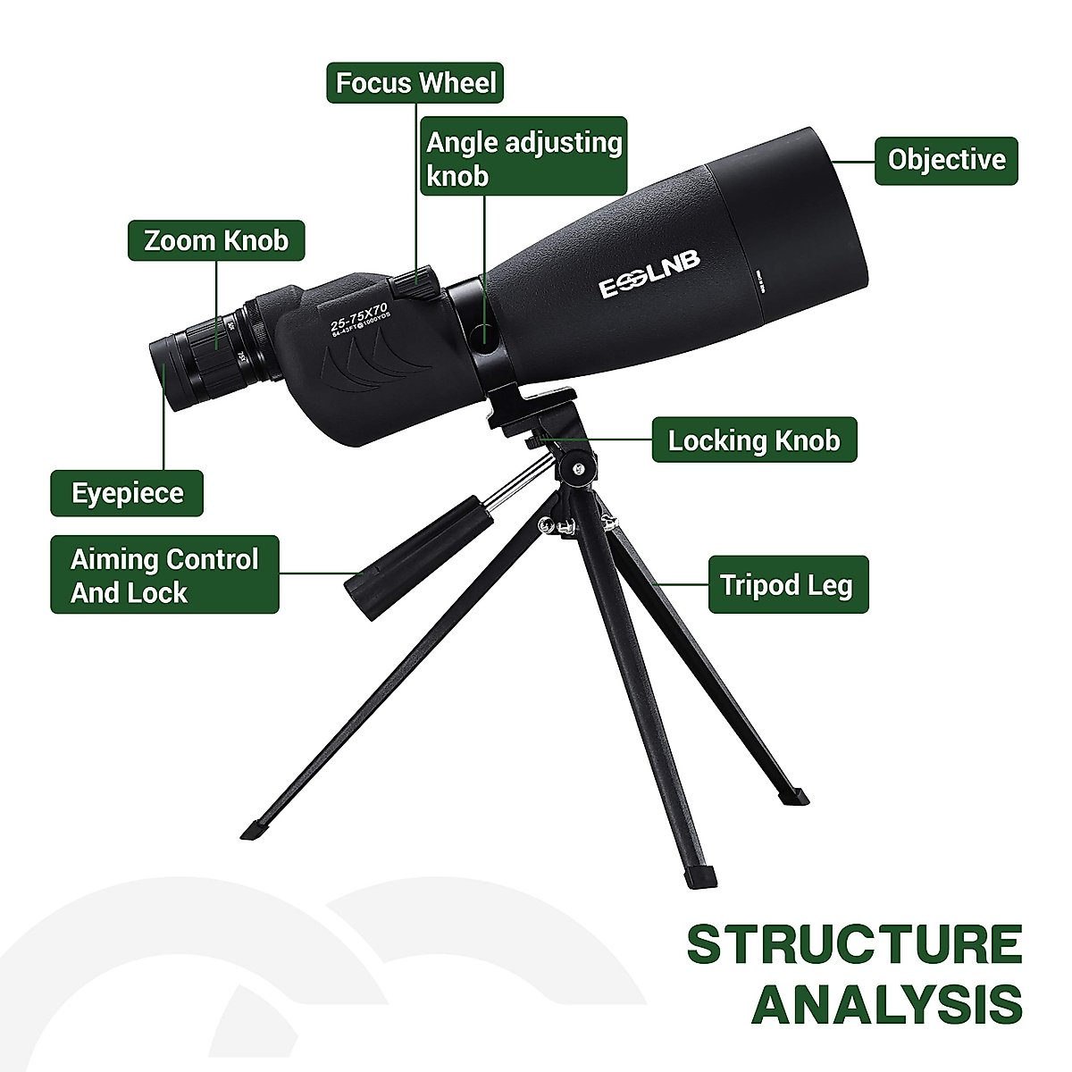 ESSLNB Spotting Scope with Tripod and Phone Adapter BAK4 25-75X70 FMC Target Spotting Scope for Hunting Straight Spotting Scope for Target Shooting Bird Watching