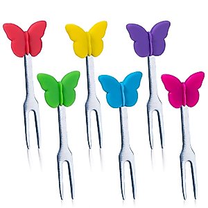 Cocktail Forks, 6-Piece Appetizer Forks, Butterflies, Stainless Steel and Silicone Small Forks for Fruits, Cheese, Appetizers