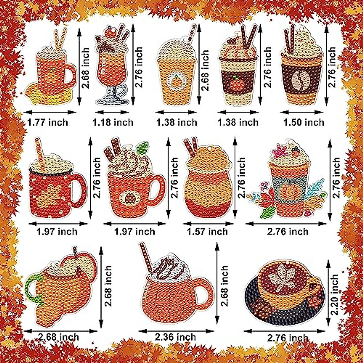 Augisteen 12 Pieces Fall Diamond Painting Keychains Fall Cocoa Diamond Art Key Rings DIY 5D Diamond Ornaments Fall Drinks Coffee Hanging Pendants Double Sided for Autumn Thanksgiving Party Decor