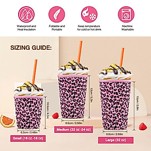 Iced Coffee Cup Sleeve for Large Sized Cups, Reusable Neoprene Iced Coffee Cup Holder for Hot Cold Drinks, Compatible with Starbucks, Dunkin Donuts, and More (Pink Leopard)