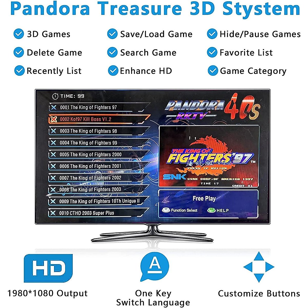 【20000 Games in 1】 Download Function 3D Pandora's Box, 3D Arcade Game Console Support Download Add Extra Game, 3D Game, 1280x720 Full HD, Search/ Save/Pause Game, 4 Players Online Game