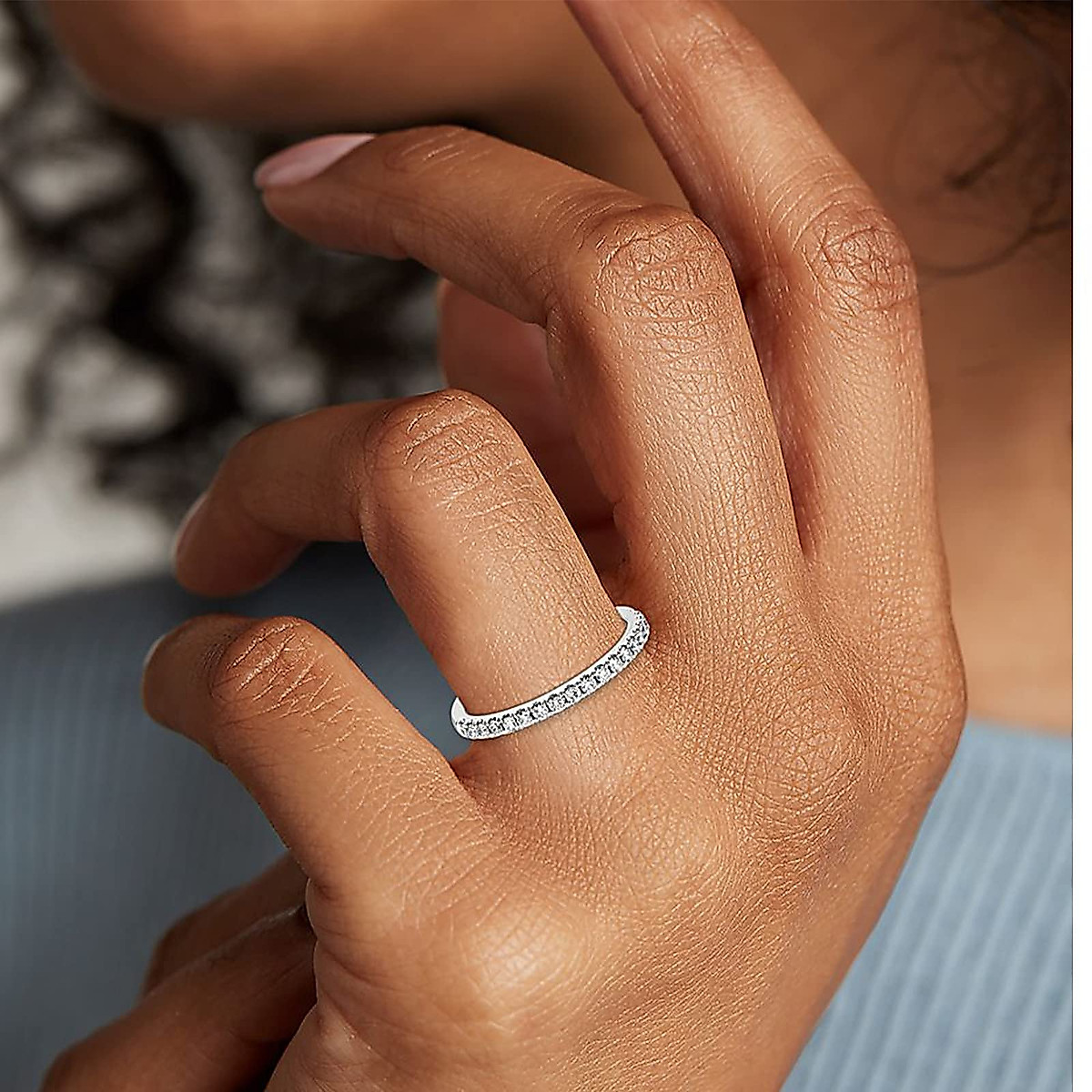 Flpruy 0.57cttw Moissanite Wedding Band for Women White Gold Plated 925 Sterling Silver Simulated Diamond Half Eternity Engagement Stackable Rings for Women Fiancée(Idea D, VVS1)