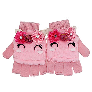 Little Girls Winter Unicorn Beanie Hat and Gloves Set Kids Knitted Earflap Cap Flip Top Mitten Set