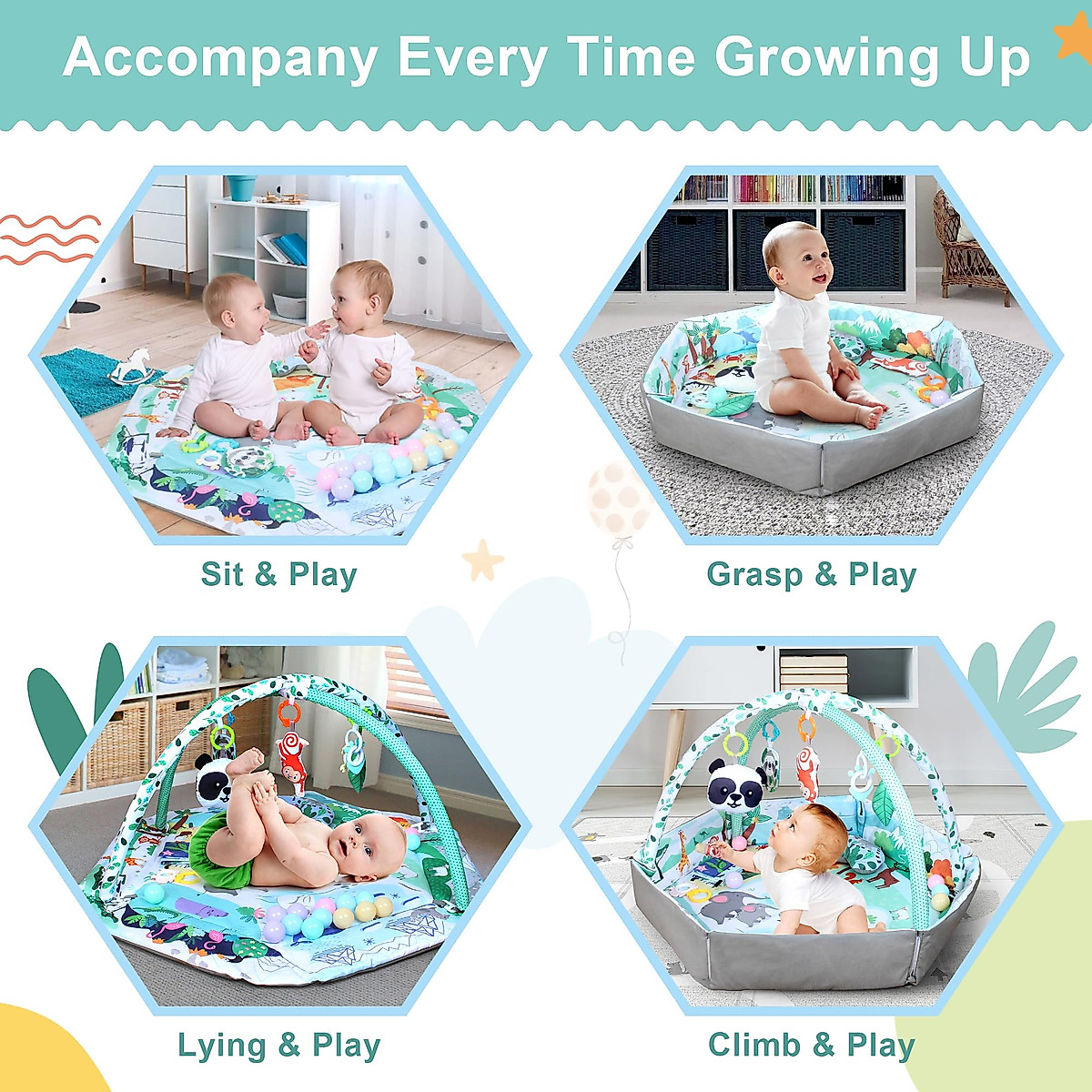 Aonerex Baby Play Gym Mat 5-in-1 Activity Mat Tummy Time Playmat, 8 Detachable Toys Sensory and Motor Skill Development Washable Play Mats for Floor, Newborn Baby Essentials