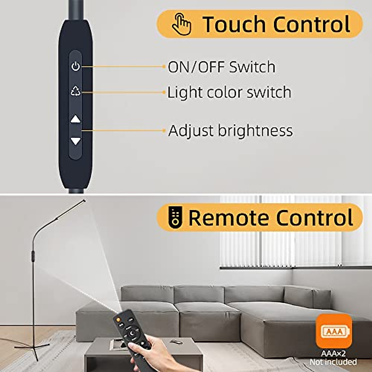 Aisilan Adjustable Floor Lamp with Remote&Touch Control, 12W Gooseneck Standing Lamp, 5-Color&5 Brightness Dimmable, Black Reading Tall Pole Light with Timer, Memory Function, for Living Room Bedroom