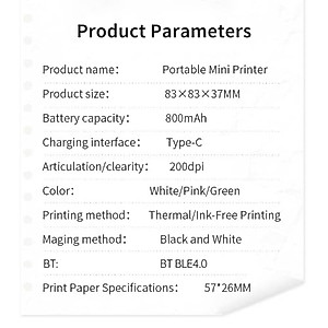 HXBER Mini Printer, Mini Pocket Printer Portable Thermal Instant Photo Printing Label Maker Machine BT Wireless Connect Compatible with Android or iOS APP Support Receipt Label Memo Sticker Notes