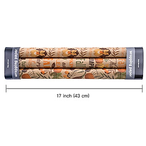 WRAPAHOLIC Kraft Fall Wrapping Paper - Mini Roll - 3 Rolls - 17 Inch x 120 Inch - Pumpkin, Hedgehog and Thanksgiving Lettering Design for Thanksgiving, Autumn, Party, Holiday