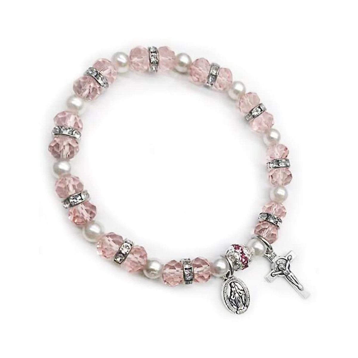 Crystal Cross Bracelet Elastic Beads Stretch Rosary Bracelet with Crucifix and Miraculous Medal for Women