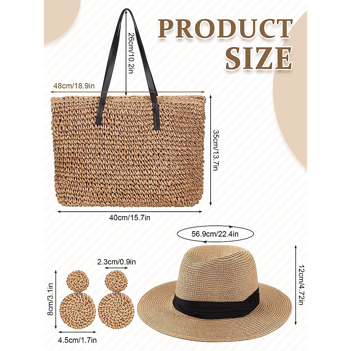 Coume Straw Large Beach Bag for Women's Woven Beach Bag and Beach Hats Set Beach Earring Handmade Shoulder Bag Handbag Bohemia Set(Khaki)