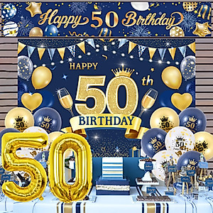 Navy Blue 50th Birthday Decorations Happy 50th Birthday Backdrop Decorations for Men Happy 50th Birthday Yard Banner Backdrop 50th Anniversary Birthday Supplies for 50 Year Old Cheers to 50s Party