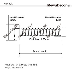 M8-1.25 x 20mm Hex Head Bolts Hexagon Screws, 304 Stainless Steel 18-8, Plain Finish, Fully Threaded, 25 PCS