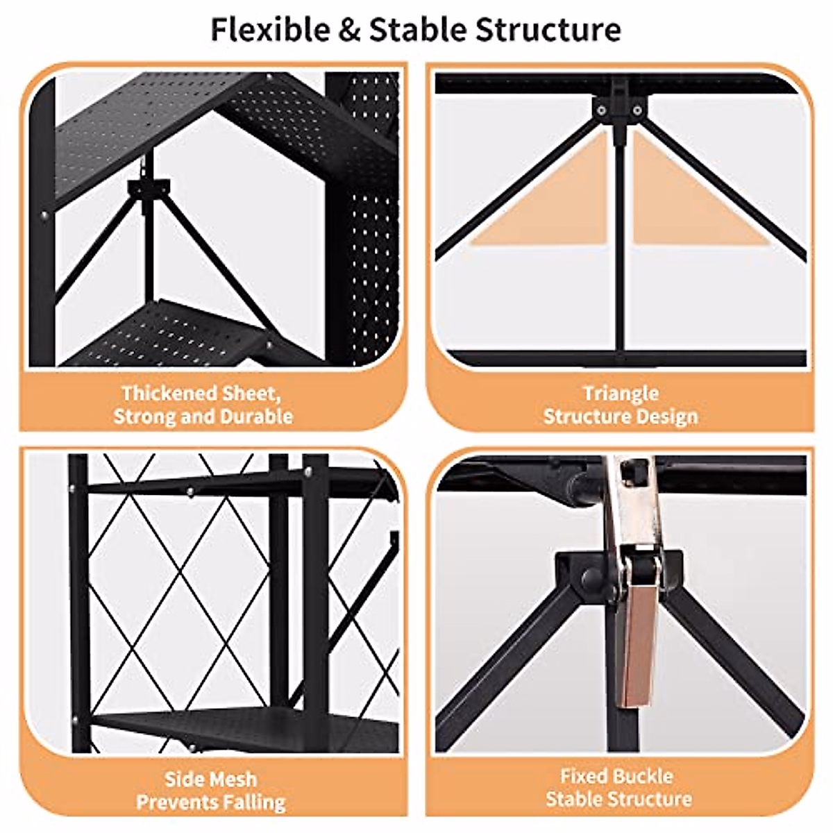 WHIFEA 4 Tier Foldable No Assembly Storage Shelves with Wheels 28.3’’*15’’*49.6’’ Free Standing Metal Wire Rack Heavy Duty Pantry Collapsible Organizer for Kitchen Bedroom Bathroom Office Black