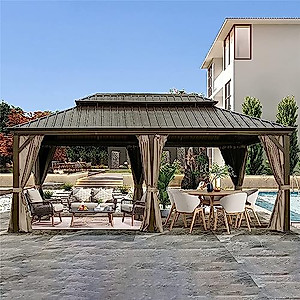 12'x18' Hardtop Gazebo, Outdoor Aluminum Frame Canopy with Galvanized Steel Double Roof, Outdoor Permanent Metal Pavilion with Curtains and Netting for Patio, Backyard and Lawn(Brown)