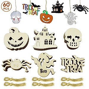 Hidreas 60Pcs Halloween Crafts Unfinished Wooden Ornaments Halloween Craft Kit DIY Wood Cutouts with 60 Pcs Twine Ropes Halloween Crafts for Kids
