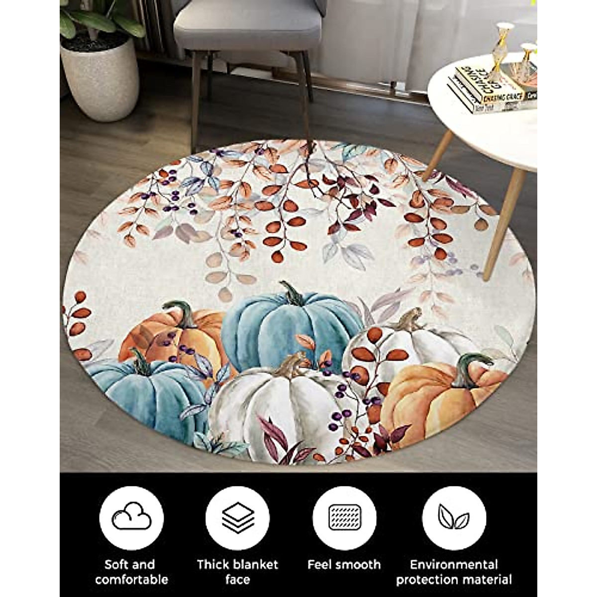 Thanksgiving Fluffy Round Area Rug Carpets 5ft, Teal Orange Pumpkin Fall Brown Eucalyptus Leaves Plush Shaggy Carpet Soft Circular Rugs, Non-Slip Fuzzy Accent Floor Mat for Living Room Bedroom Nursery