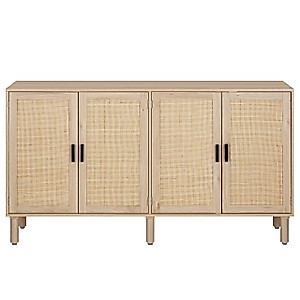 Finnhomy 4 Door Sideboard Buffet Cabinet, Kitchen Storage Cabinet with Rattan Decorated Doors, Cupboard Console Table, Boho Accent Liquor Cabinet for Home Bar, 62.3X 15.7X 34.6 Inches, Natural