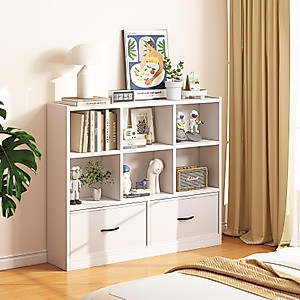 Adompacat Cube Bookshelf Storage Organizer Bookcase,8 Cube Open Mid-Centur Shelf,Freestanding Display Bookshelve, Modern Wide Kids Toy Shelf with Drawers for Bedroom Living Room Office(White)