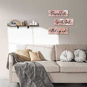 3 Pieces Funny Rustic Wooden Art Wall Hangings Set, Thankful Grateful Blessed, Pink Gold Marble Style Wood Signs 12 X 4 Inches for Home, Living Room, Bedroom, Office, Cafe, Hotel Wall Decor
