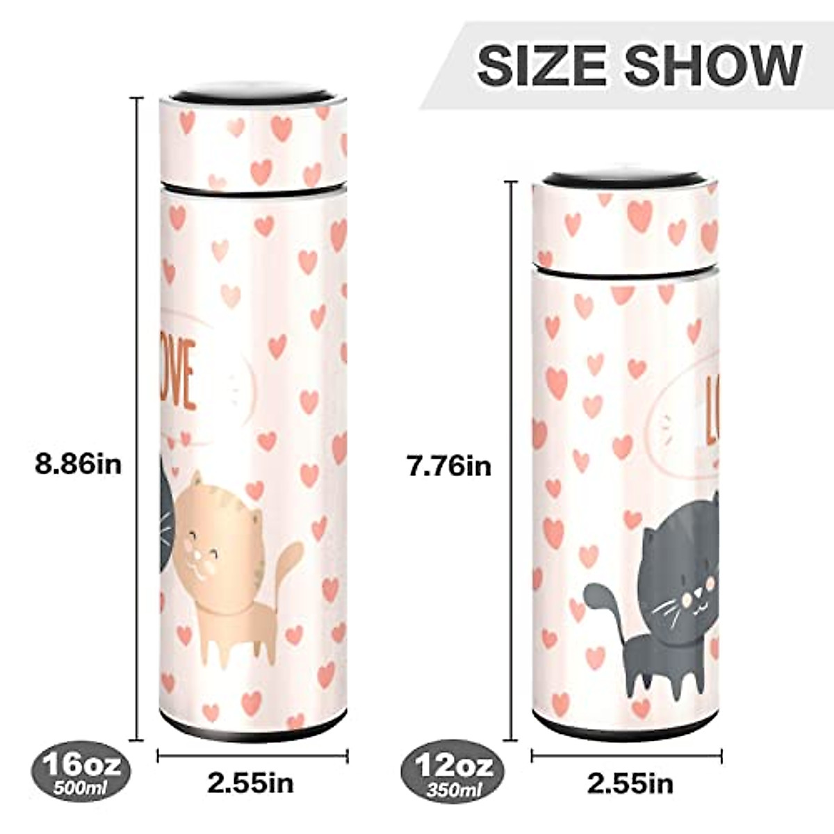 CaTaKu Love Cats Cute Water Bottle Insulated 16 oz Stainless Steel Flask Thermos Bottle for Coffee Water Drink Reusable Wide Mouth Vacuum Travel Mug