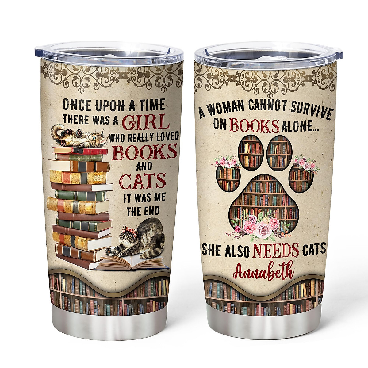 Hyturtle Personalized Book Tumbler Gifts For Women - Birthday Christmas Gifts For Book Lovers - Librarian Gifts - Book Club Gifts - Cat Lover Gifts Custom Name 20oz Stainless Steel Travel Tumbler Cup