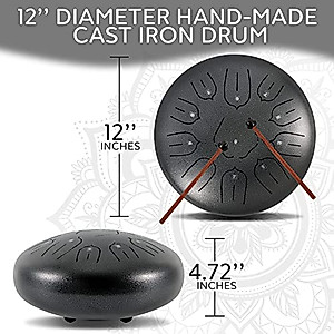 Premium Cast Iron Steel Tongue Drum 12” 11 Notes, C Major Drum Percussion for Meditation Yoga Musical Education with Mallets and Finger Picks Best Gift for Adults and Beginner Children, Gray