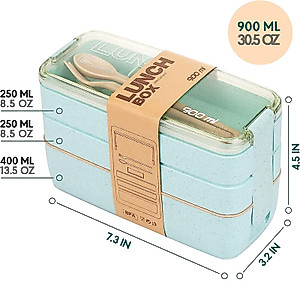 Mejiwasmi Portable Bento Box, 3-layers Lunch Box, 900ML Wheat Straw Dinnerware Food Storage Container (Pink)