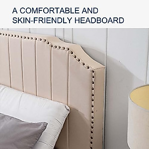 Queen Size Linen Upholstered Platform Bed Frame with Soft Curved Headboard and Wooden Slats Support, No Box Spring Needed for Boys Girls Teens Adults, Noise-Free, Under Bed Storage (Beige)