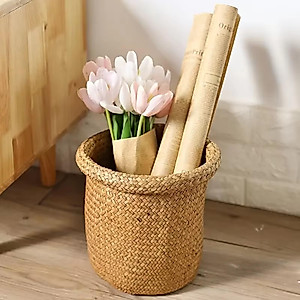 Generic Rattan Trash Basket Can,Woven Waste Storage Basket,Handmade Wicker Waste Basket Storage,Round Rattan Basket,Small Office Rubbish Cans for Bedroom Bathroom Kitchen Office Table
