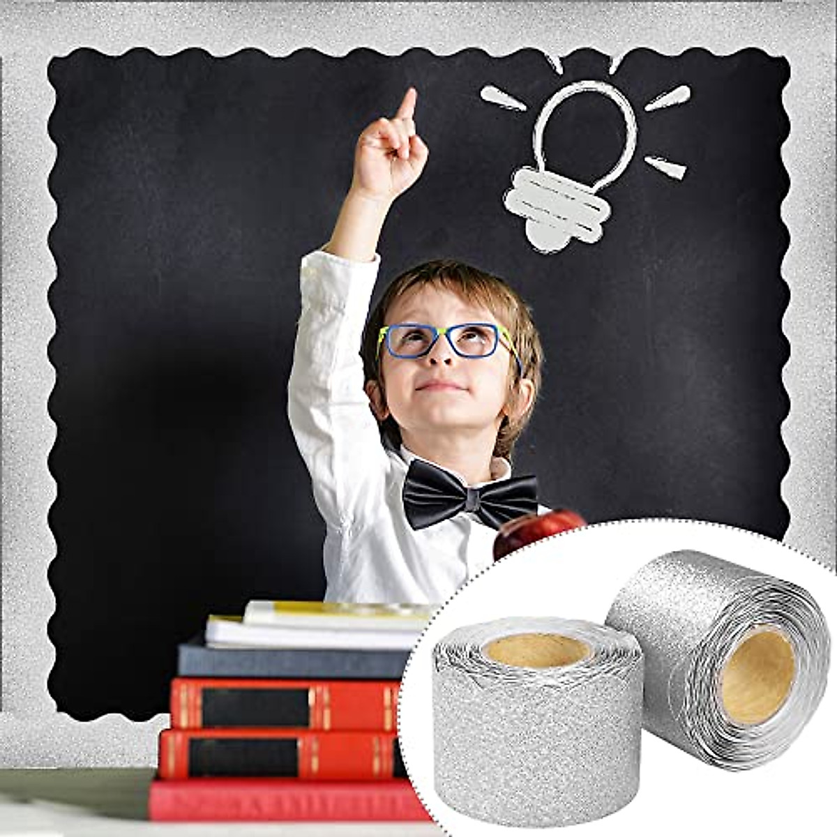 131Ft Silver Glitter Bulletin Board Borders Silver Scalloped Bulletin Board Trims Shiny Decorative Border Trims Sparkle Self-Adhesive Bulletin Stickers for Classroom School Home Office Blackboard Desk