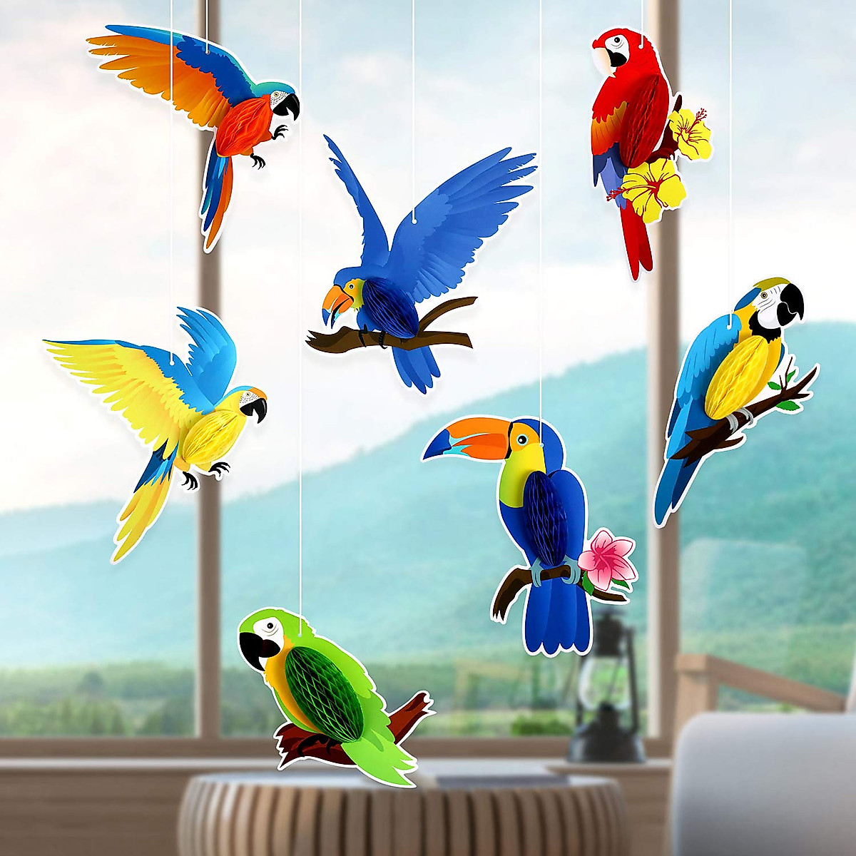10 Pieces Tropical Birds Honeycomb Paper Cutouts, Parrot Honeycomb, Hawaiian Summer Beach Luau Party Hanging Decorations for Tiki Bar Luau Summer Party Home Classroom Supplies