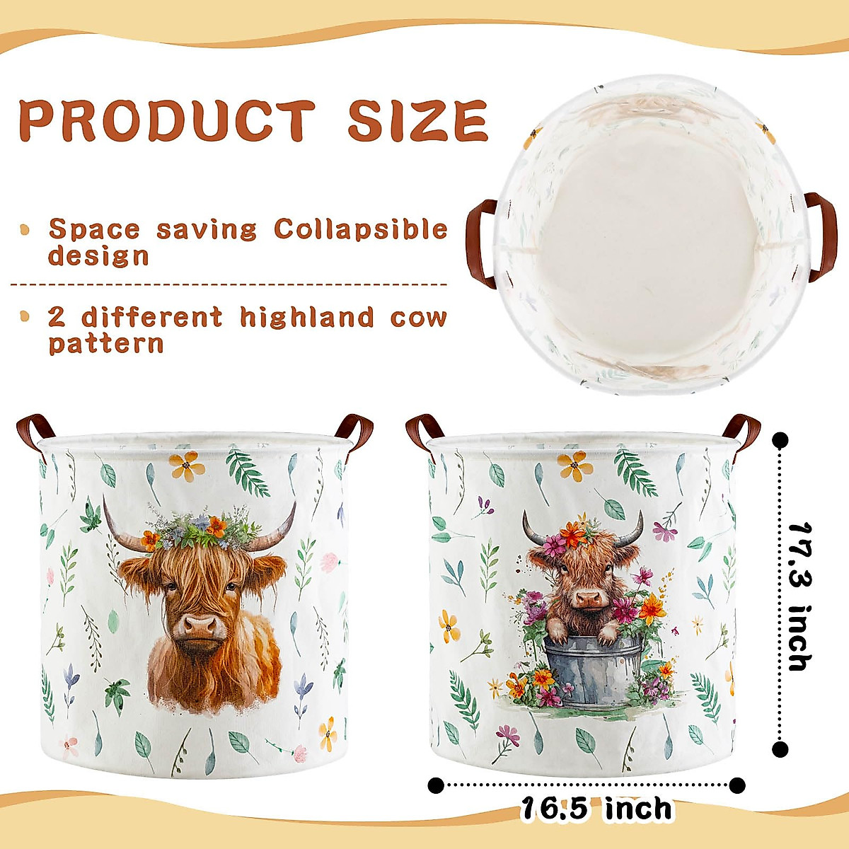 Barydat 2 Pcs Highland Cow Storage Basket, 17.3'' x 16.5'' Collapsible Waterproof Laundry Hamper, Nursery Toys Clothes Storage Basket Bin, Floral Farm Animal Holder Organizer for Bathroom