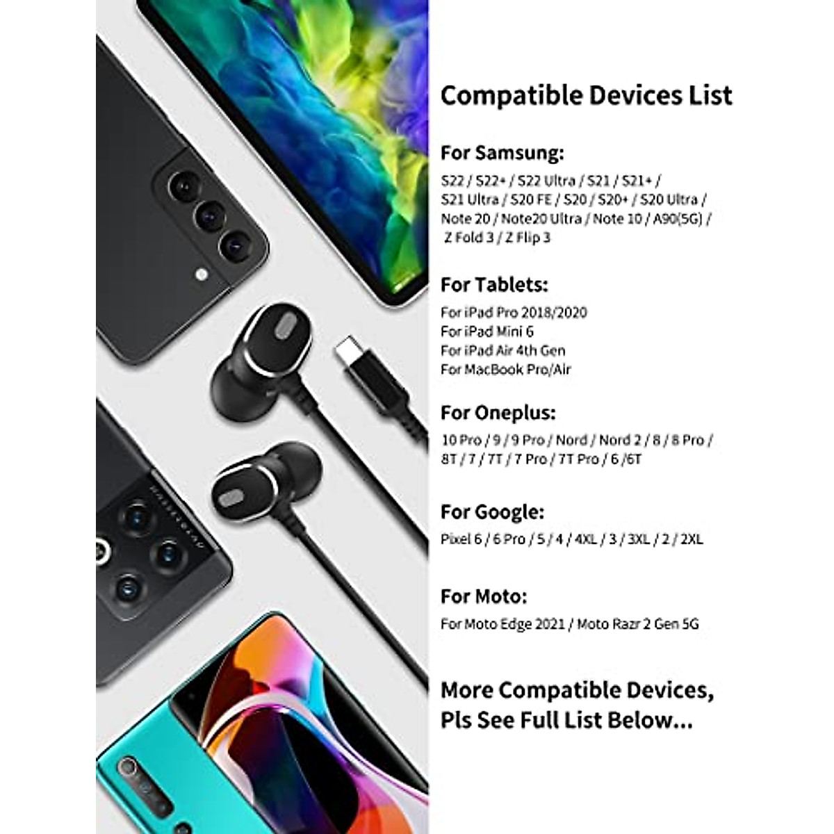 ACAGET USB C Headphones for Galaxy S23 Ultra S22 Plus Type C Earphones Noise Cancelling Wired Headphone Digital DAC HiFi Stereo in Ear Earbuds for Samsung A53 S21 S20 FE Pixel 7 Pro 6A iPad Pro Black