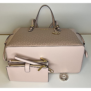 Michael Kors MICHAEL Michel Kors Gilly Large Drawstring Travel Tote bundled with Double Zip Wristlet Purse Hook (Signature MK Pink)